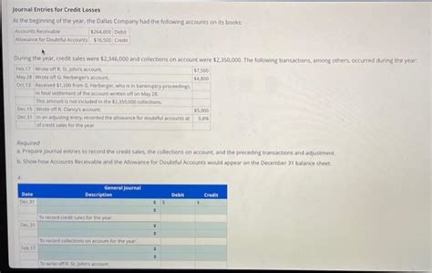 Solved Journal Entries For Credit Losses At The Beginning Of