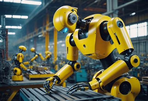 Humanoid Robots Do Their Job In A Factory Assembly Line Stock