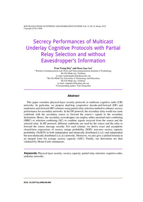 Pdf Secrecy Performances Of Multicast Underlay Cognitive Protocols With Partial Relay