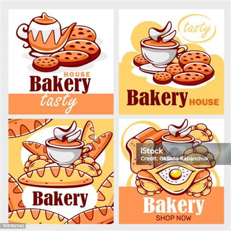 베이커리 벡터 포스터 세트 빵 크루아상 비스킷 만두 카차푸리 차 향신료 만화 스타일의 컵케이크 갈색에 대한 스톡 벡터 아트 및 기타 이미지 Istock