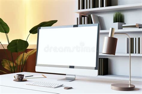 Modern Workspace With Desktop Computer And Cozy Decor 3d Rendering Stock Illustration
