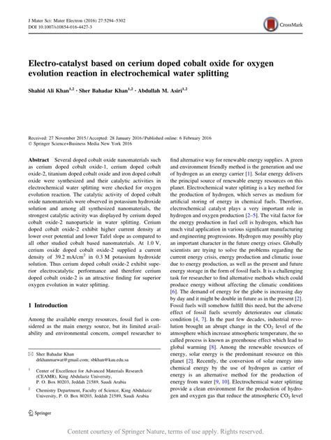 Electro Catalyst Based On Cerium Doped Cobalt Oxide For Oxygen Evolution Reaction In