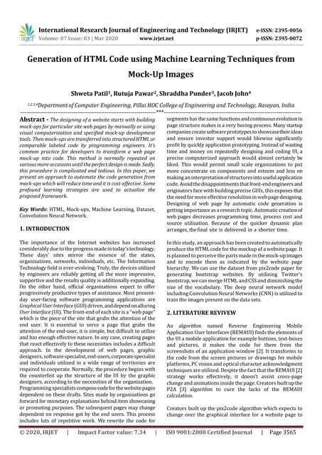 Irjet Generation Of Html Code Using Machine Learning Techniques From