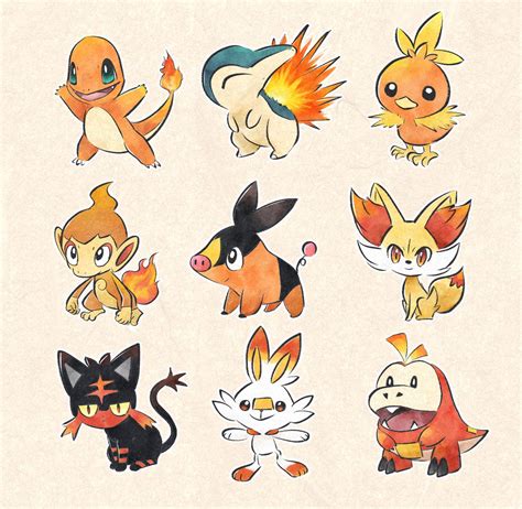 ヒトカゲ フォッコ ホゲータ ニャビー ヒバニー ポカブ アチャモ 御三家炎 めちくんのイラスト