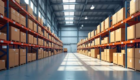 Spacious Warehouse Interior Displays Organized Rows Of Shelves Filled With Cardboard Boxes