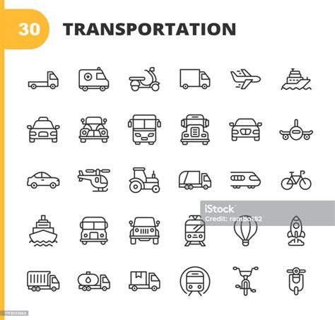 교통 선 아이콘입니다 편집 가능한 스트로크입니다 픽셀 완벽한 모바일 및 웹용 헬리콥터 비행기 자동차 교통 차량 보트 기차 트램 크루즈 선박과 같은 아이콘이 포함되어 있습니다