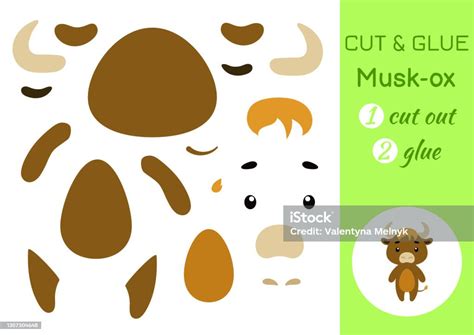 잘라 서 접착제 종이 작은 사향 소 키즈 공예 활동 페이지 유치원 어린이를위한 교육 게임 Diy 워크 시트 키즈 아트 게임 및 활동 퍼즐 벡터 스톡 일러스트레이션입니다