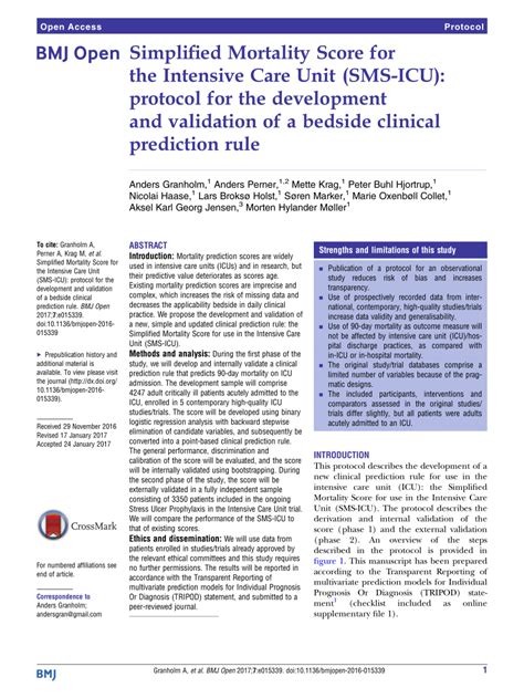 Pdf Simplified Mortality Score For The Intensive Care Unit Sms Icu Protocol For The