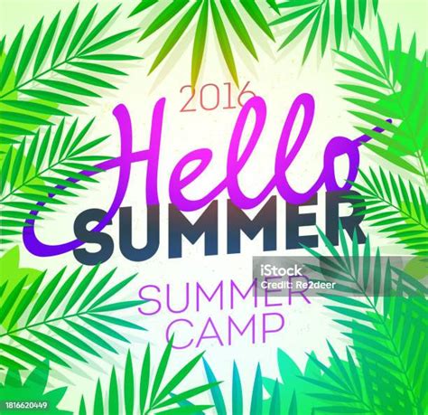 안녕하세요 여름 방학 및 여름 캠프 포스터입니다 여행 템플릿 포스터 벡터 일러스트 레이 션 야자수 잎과 글자가 있는 파티 포스터