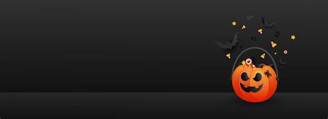 무서운 미소 사탕 거미와 비행 박쥐와 현실적인 3d 오렌지 호박 행복 할로윈 배너 수평 휴가 포스터 벡터 일러스트레이션 10월에