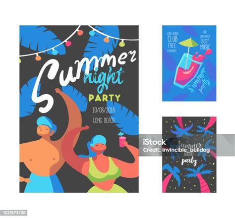 여름 밤 파티 포스터 플랫 사람들과 문자 및 손바닥 바다 해변 이벤트 초대장 템플릿 휴가 배너 벡터 일러스트 레이 션 포스터에