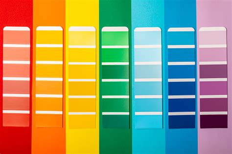 밝은 색상의 배경에 색상 팔레트 색상 팔레트 가이드 무지개 색깔의 종이 카탈로그 창조적인 팔레트 유행하는 색상의 샘플 색상 견본 장식 및 인테리어 디자이너 평면도 0명에