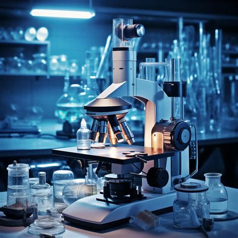 Premium Photo Microscope With Lab Glassware In Modern Medical Laboratory Microscopes