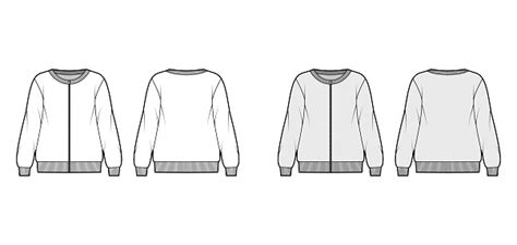 스쿱 네크라인 긴 소매 리브드 트리밍이 돋보적인 커버업 오버사이즈 코튼 테리 스웨트셔츠 테크니컬 패션 일러스트 0명에 대한 스톡