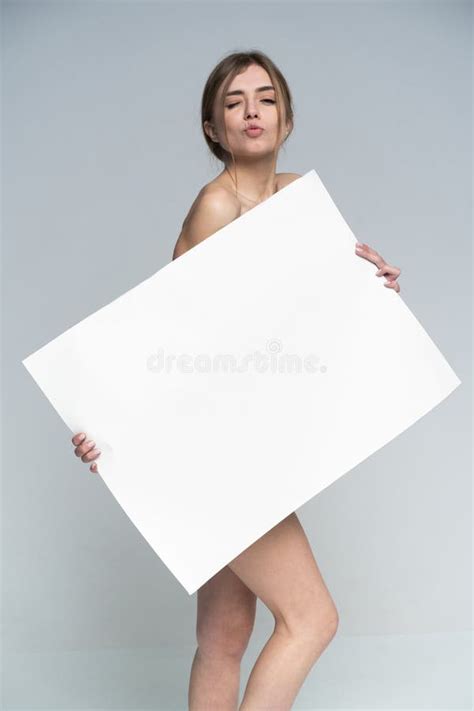Naked Girl With A Poster Clean Skin Hair Removed Isolate For Advertising And Presentation