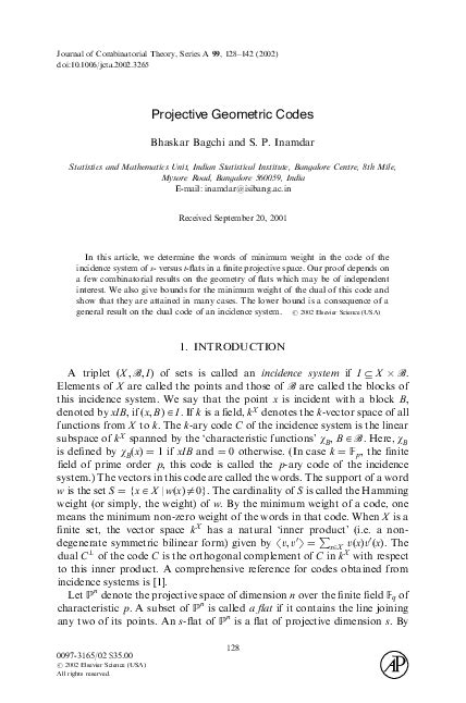 Pdf Projective Geometric Codes