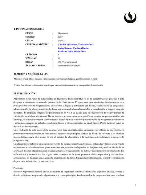 E Sílabo Ii287 Algoritmos 202002 Pdf Algoritmos Programación De