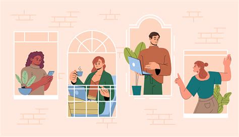 이웃에 있는 사람들 노트북을 든 남자와 뜨거운 음료와 화분을 든 여자 젊은 남자와 여자는 실내에서 의사 소통을 합니다 집에서 취미와 여가 평면 벡터 일러스트 레이 션 이웃에