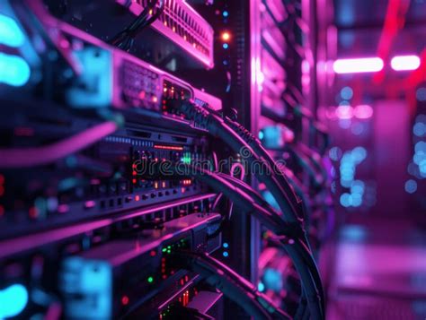 Server Racks With Interconnected Cables And Neon Lighting Stock Illustration Illustration Of
