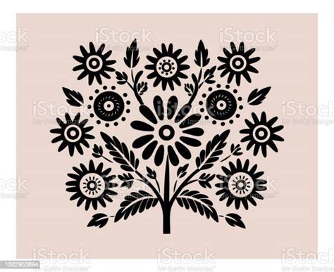 꽃과 나뭇잎이 있는 대칭 장식 스칸디나비아 민속 예술 포스터 꽃무늬 실루엣 구성 민족 식물 벡터 그림입니다 0명에 대한 스톡 벡터 아트 및 기타 이미지 Istock