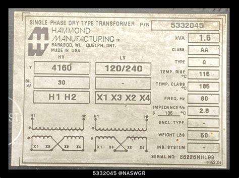 Hammond 5332045 Single Phase Cpt Transformer 1 5kva 4160 120 240v