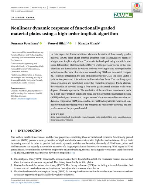 Pdf Nonlinear Dynamic Response Of Functionally Graded Material Plates Using A High‐order