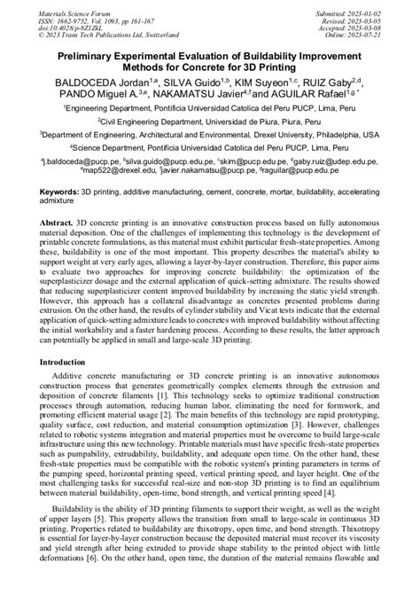 Preliminary Experimental Evaluation Of Buildability Improvement Methods For Concrete For 3d