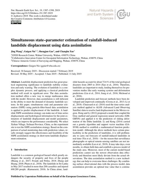 Pdf Simultaneous Stateparameter Estimation Of Rainfall Induced Landslide Displacement Using