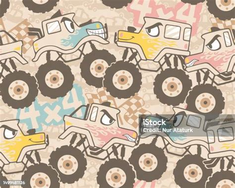 자동차 경주 요소가 있는 몬스터 트럭 만화의 매끄러운 패턴 4x4 자동차에 대한 스톡 벡터 아트 및 기타 이미지 4x4 자동차 Bigfoot Championship