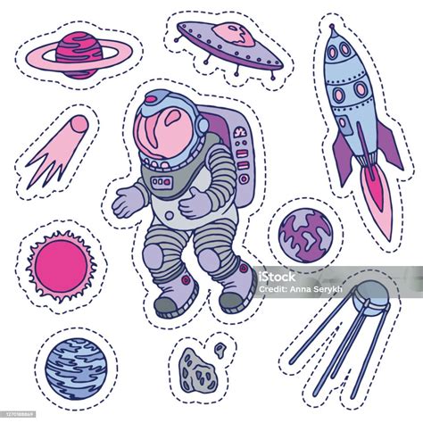 은하 우주 원소 우주 원소 우주 지구 위성 혜성 행성 태양 로켓과 운석 유니버스 벡터 만화 일러스트 스페이스 우주 스티커의 컬러 세트 0명에 대한 스톡 벡터 아트 및 기타