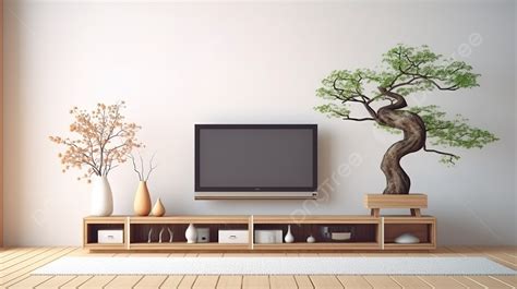 Tv와 일본에서 영감을 받은 D Cor가 3d로 렌더링된 현대적인 화이트 룸 Tv 캐비닛 Tv 배경 Tv 벽 배경 일러스트
