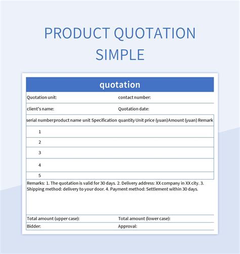 Product Quotation Simple Excel Template And Google Sheets File For Free Download Slidesdocs
