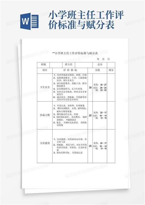小学班主任工作评价标准与赋分表word模板下载编号lgedajgn熊猫办公