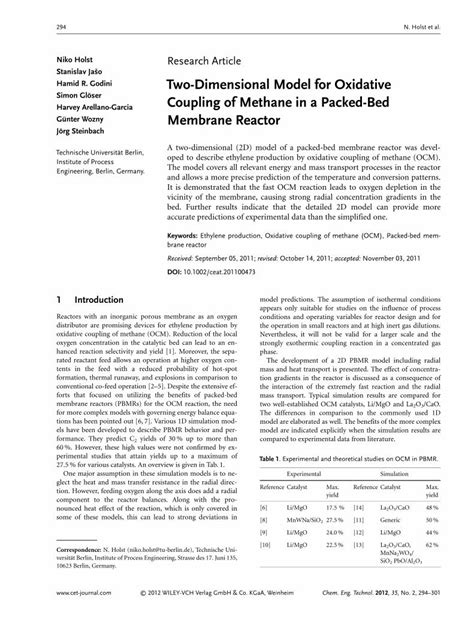 Pdf Two Dimensional Model For Oxidative Coupling Of Methane In A