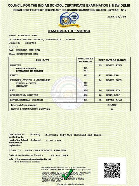 Sd Xth Std Cisce Marksheet 2019 Pdf