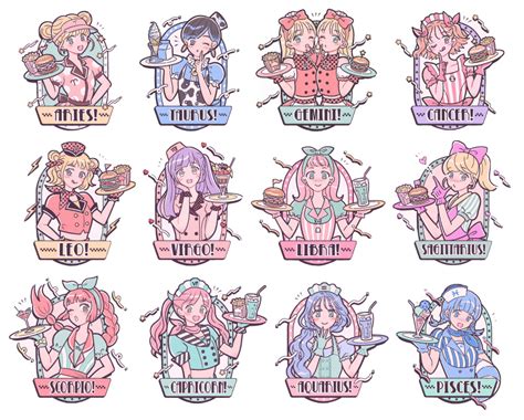 Kohaku Ame Original Highres 6 Girls Aquarius Symbol Aries Symbol Burger Cancer