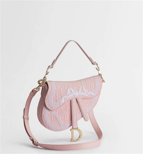 Dioramour Small Saddle Bag With Strap Soupir Pink Dior Oblique Embroidery And White Lace Dior