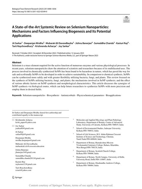 A State‑of‑the‑art Systemic Review On Selenium Nanoparticles