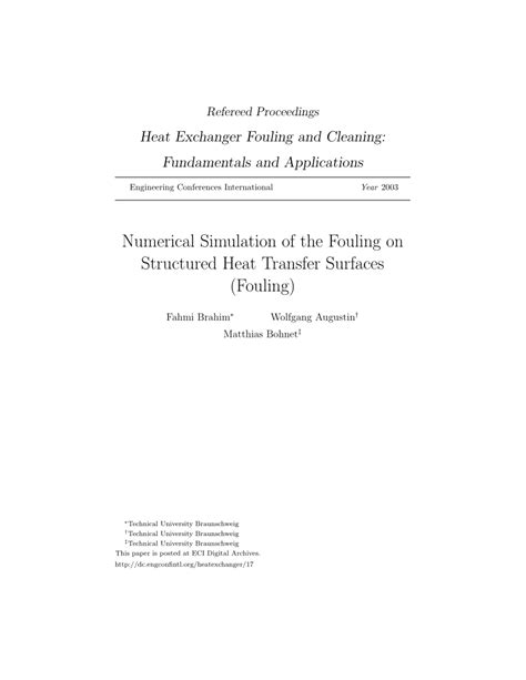 Pdf Numerical Simulation Of The Fouling On Structured Heat Transfer