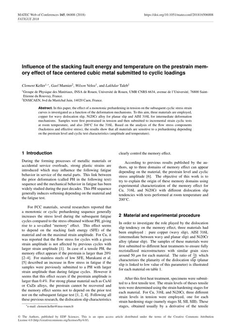 Pdf Influence Of The Stacking Fault Energy And Temperature On The Prestrain Memory Effect Of