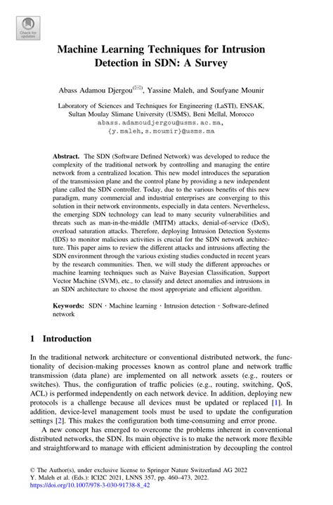 Pdf Machine Learning Techniques For Intrusion Detection In Sdn A Survey