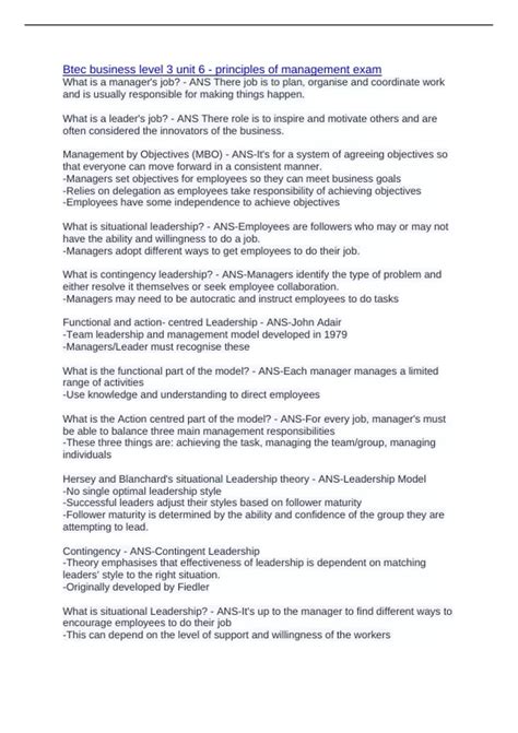 Btec Business Level 3 Unit 6 Principles Of Management Exam With Correct Questions And Answers