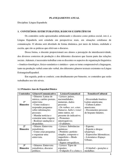 Planejamento Anual Pdf Aprendizado Espanhol Idioma