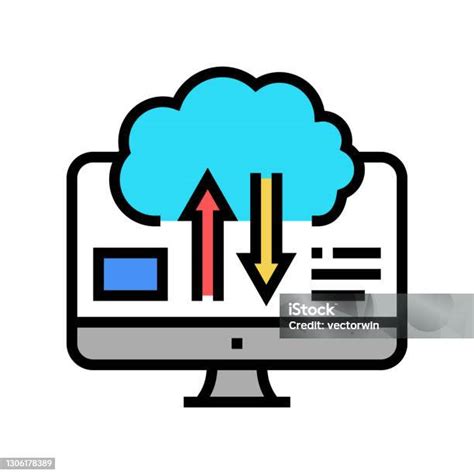 클라우드 디지털 프로세싱 컬러 아이콘 벡터 일러스트레이션에서 다운로드 및 업로드 다운로드에 대한 스톡 벡터 아트 및 기타 이미지
