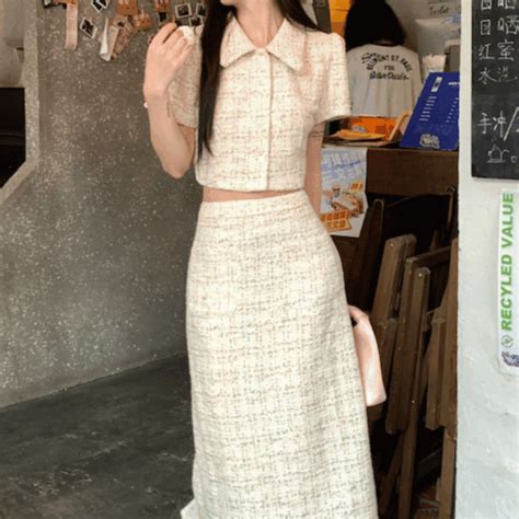 디어포텐 여름신상여름하객룩 베이지 카라 퍼프 반팔 크롭 트위드자켓플레어 롱스커트 트위드 투피스 셋업 세트 하객룩 데이트룩 캠퍼스룩