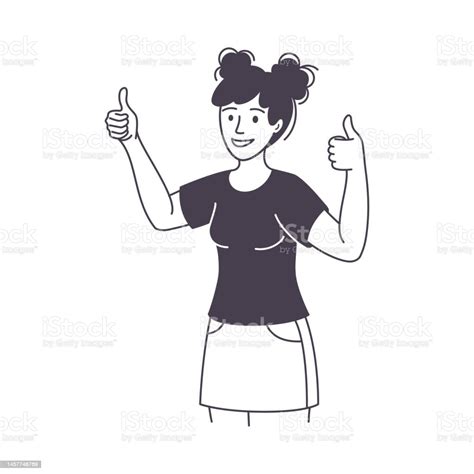 긍정적인 손 제스처 개요 벡터 일러스트레이션으로 엄지손가락을 보여주는 여자 캐릭터 감정에 대한 스톡 벡터 아트 및 기타 이미지 감정 개념 격려 Istock