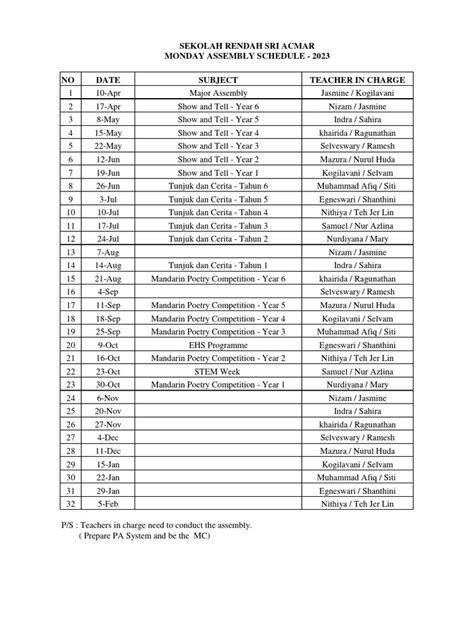 Monday Assembly Schedule 2023 Pdf