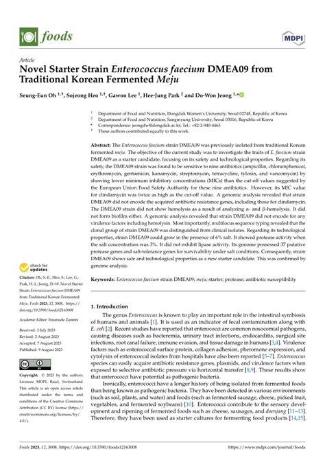 Pdf Novel Starter Strain Enterococcus Faecium Dmea09 From Traditional Korean Fermented Meju