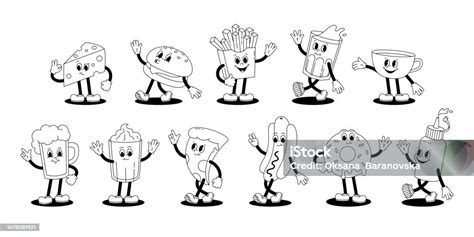 벡터 세트는 만화 복고풍 마스코트 흑백 삽화로 길거리 음식을 걷고 있습니다 빈티지 스타일의 30 년대 40 년대 50 년대 오래된 애니메이션 흰색 배경에 격리된 스티커