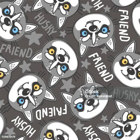 강아지 허스키 코 강아지와 비문 친구와 함께 세련 된 완벽 한 패턴입니다 만화 스타일에서 벡터 일러스트 레이 션입니다 강아지